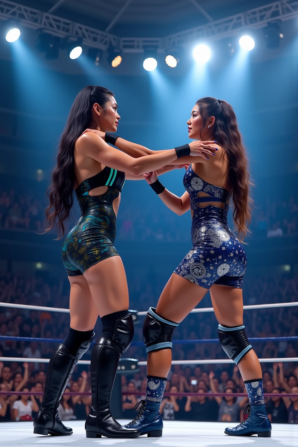 "A dynamic wrestling scene in the center of a brightly lit wrestling ...