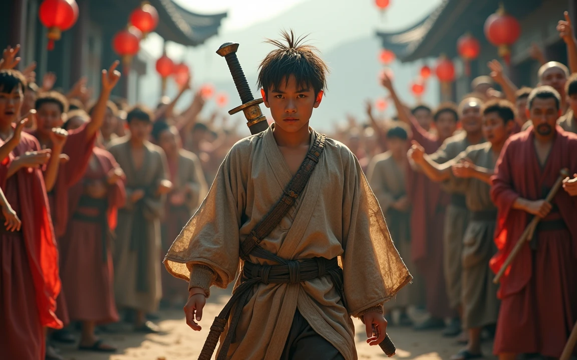 Chinese village young master, short hair, dressed in rags, holding a ...