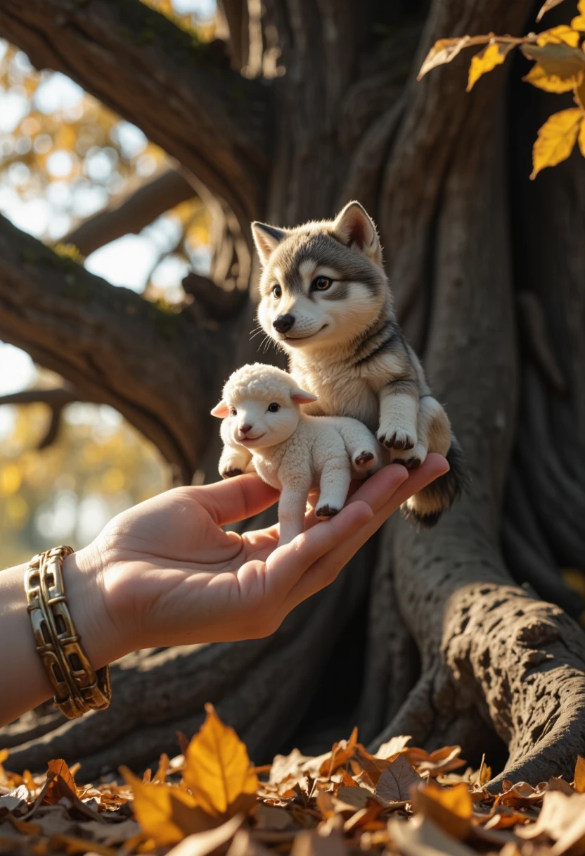 A highly detailed image of a tiny wolf gently cradling a tiny lamb in ...