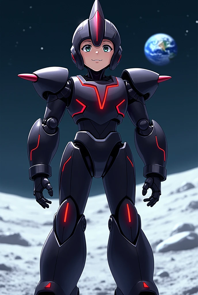 Japanese anime official art style. A young boy wearing a robot suit ...