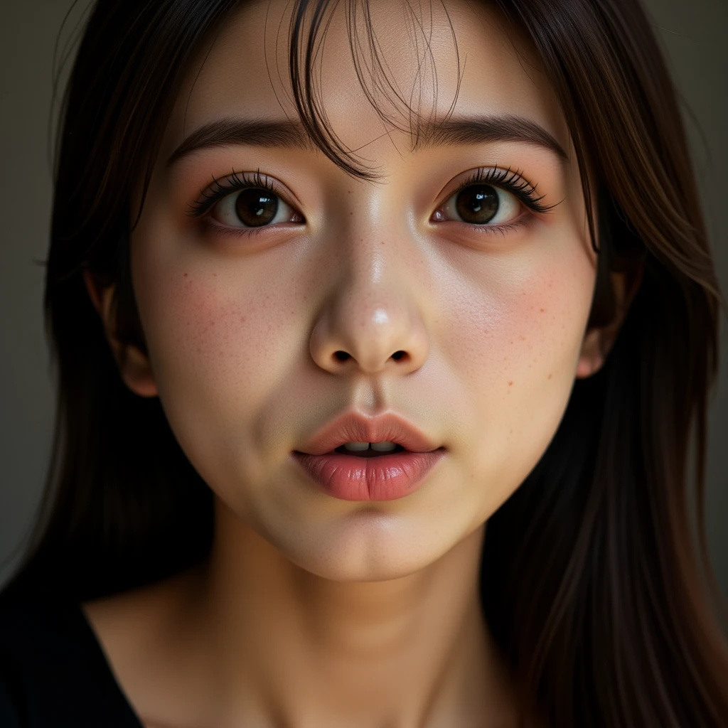 Closeup, duckface facial expression of a asian woman with a pink lip ...