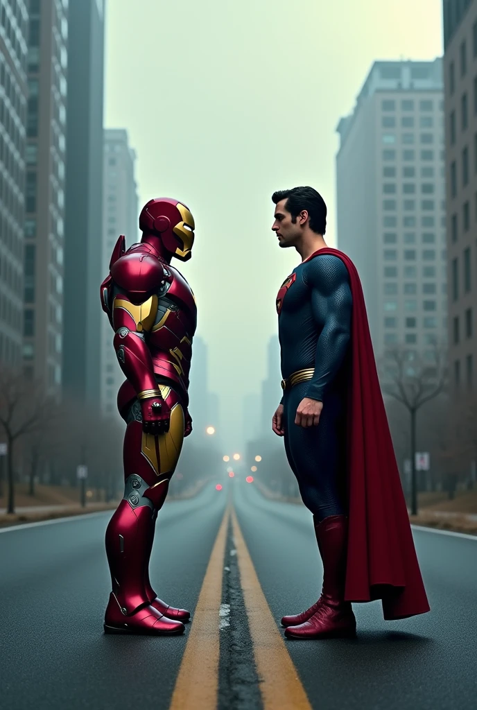 Iron man and super man stand on road with talking - SeaArt AI