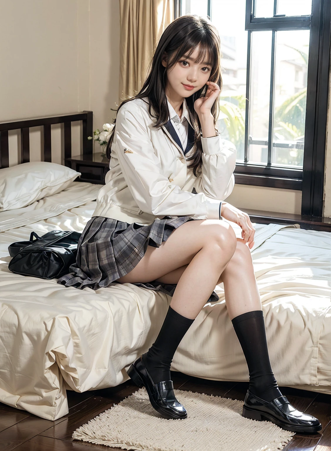 Arafed asian woman in a skirt and a white shirt posing for a picture - SeaArt AI