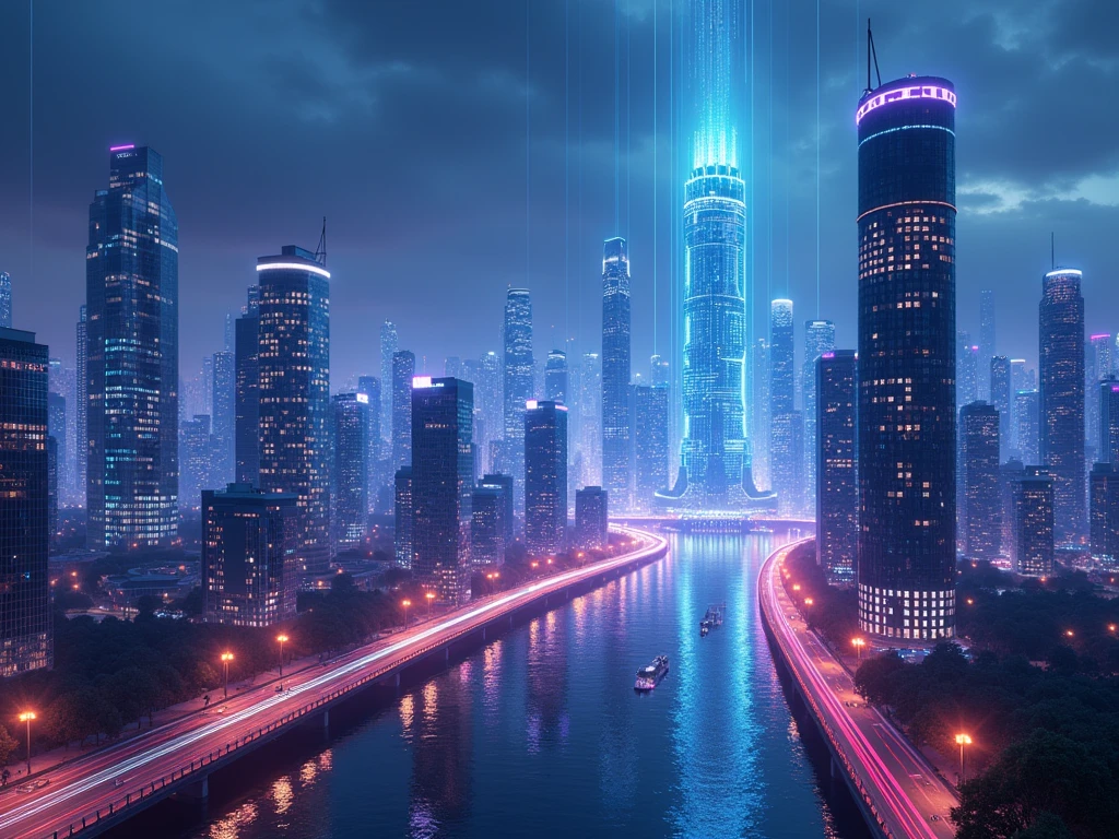 A futuristic cityscape in landscape orientation, glowing with AI ...