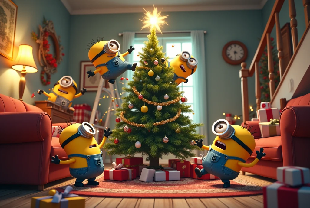 Minions trying to set up a Christmas tree , Making a mess, while one is ...