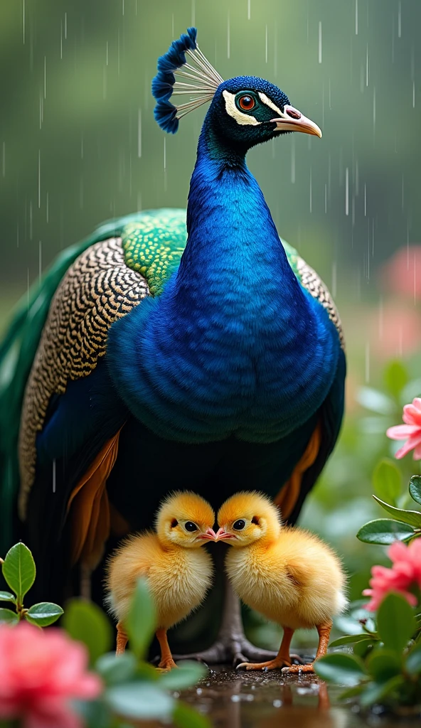 "A vibrant image of a mother peacock sheltering her chicks beneath her ...