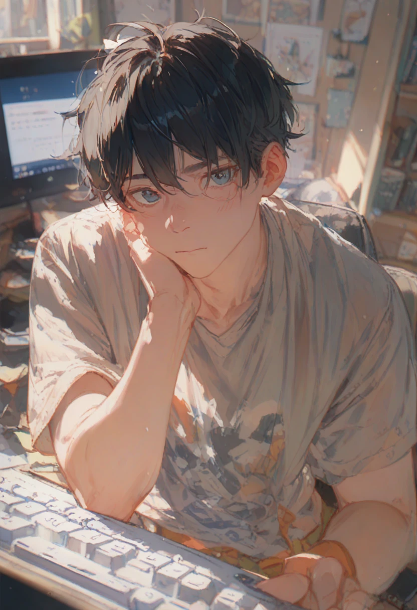 Cute boy with black hair and an eyepatch playing on computer front view ...
