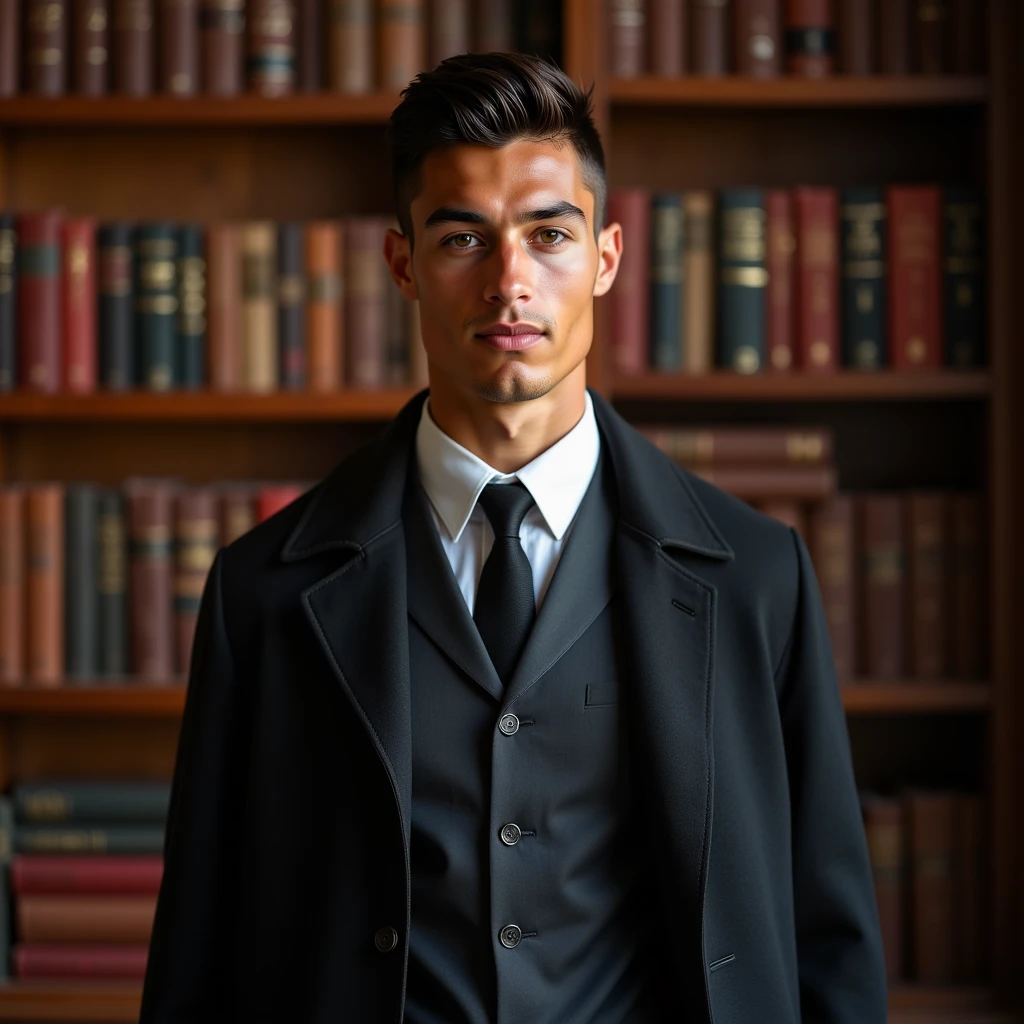 Full body shot of Ronaldo in a suit with coat, small head, extremely ...