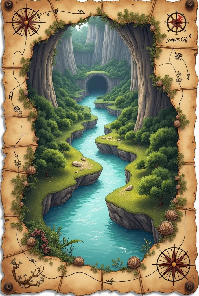 **A simple, hand-drawn treasure map. A winding river leads to a cave ...