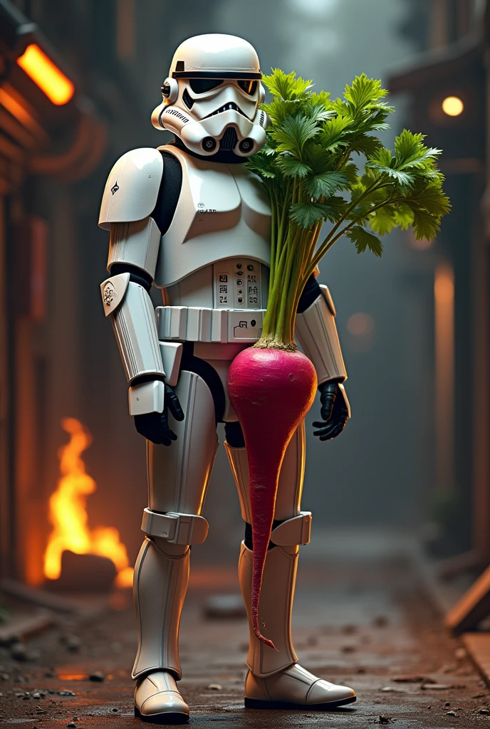 A realistic and cool Stormtrooper fused with a radish,intricate details ...