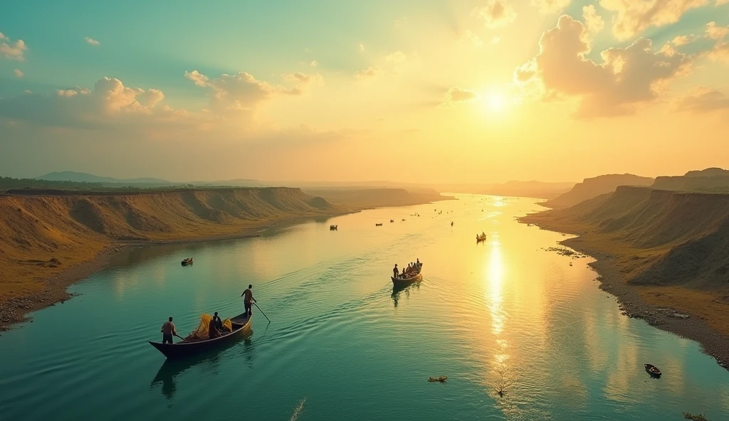 A wide aerial view of the River Niger flowing, dotted with small boats ...