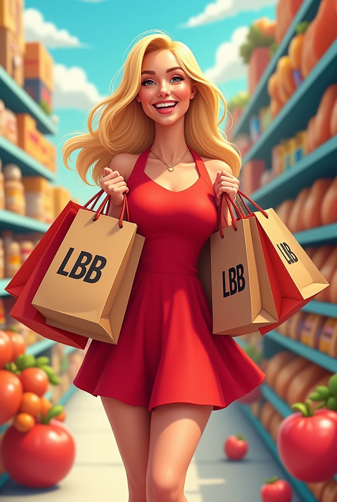 A beautiful blonde in a red dress holds a lot of bags with the brand - SeaArt AI