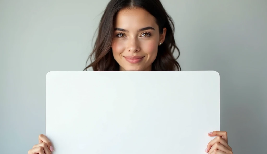 Create an image of a beautiful girl holding a whiteboard in both hands ...