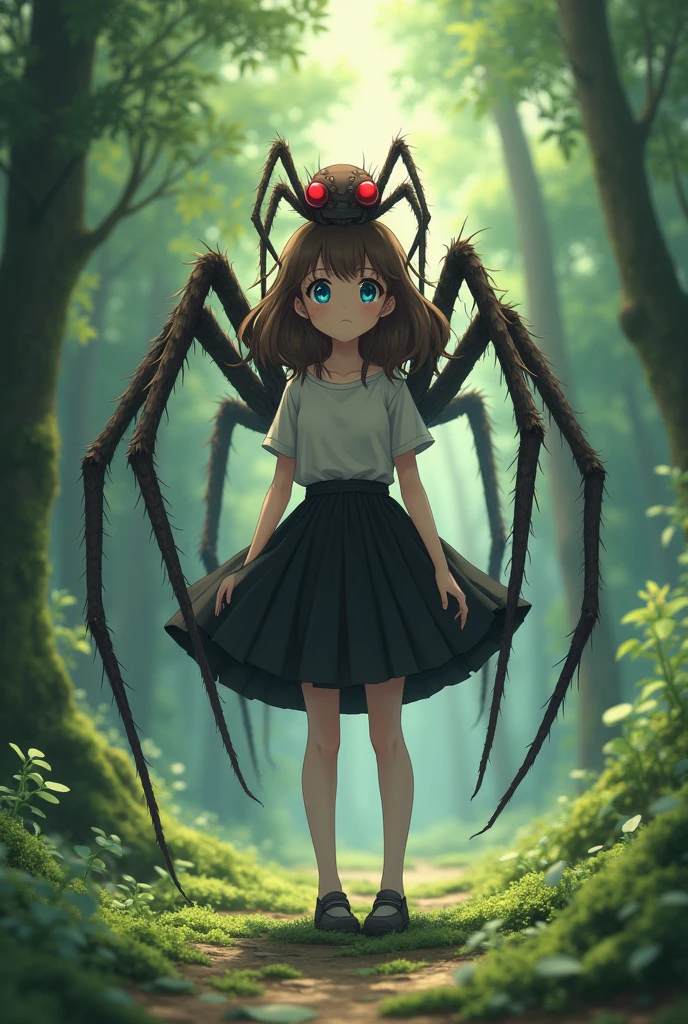 Anime girl with brown hair and blue eyes stands in the forest and has a ...
