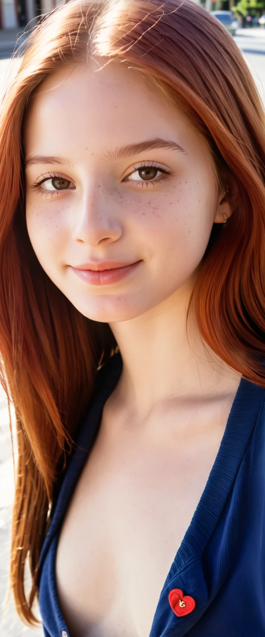 Arafed woman with red hair and a blue shirt posing for a picture - SeaArt AI