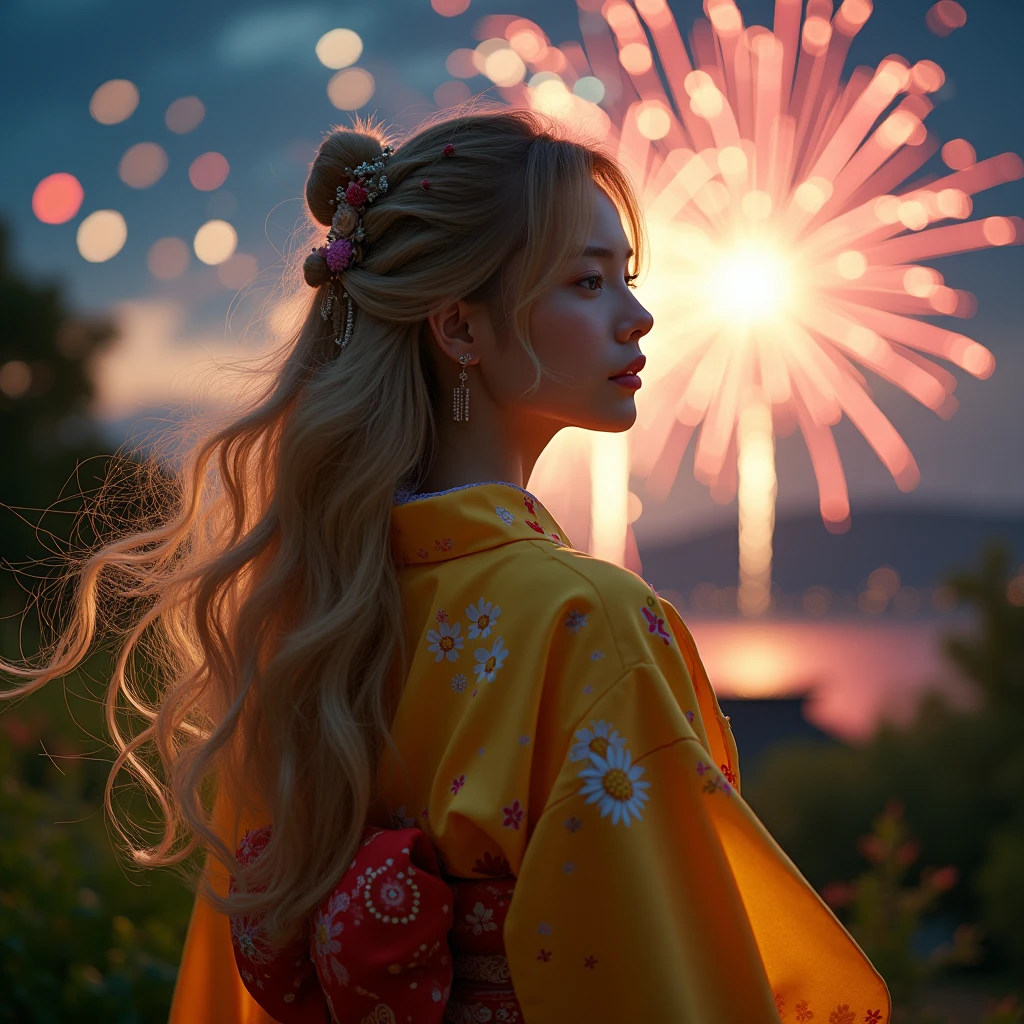 long hair, real, yellow yukata, back view, high definition - SeaArt AI