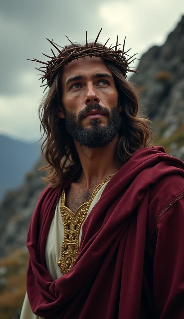 "Jesus Christ shown from the chest up, looking straight at the camera ...