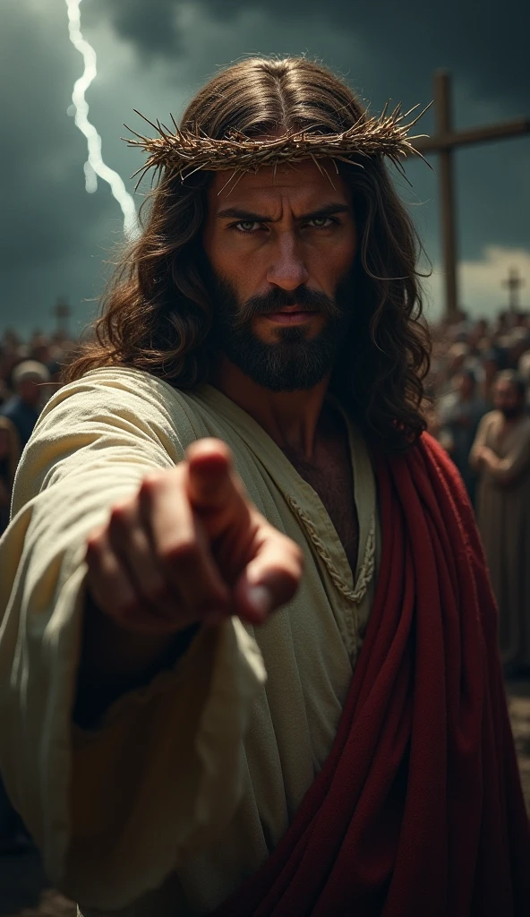 A dramatic and realistic portrait of Jesus Christ in the foreground ...