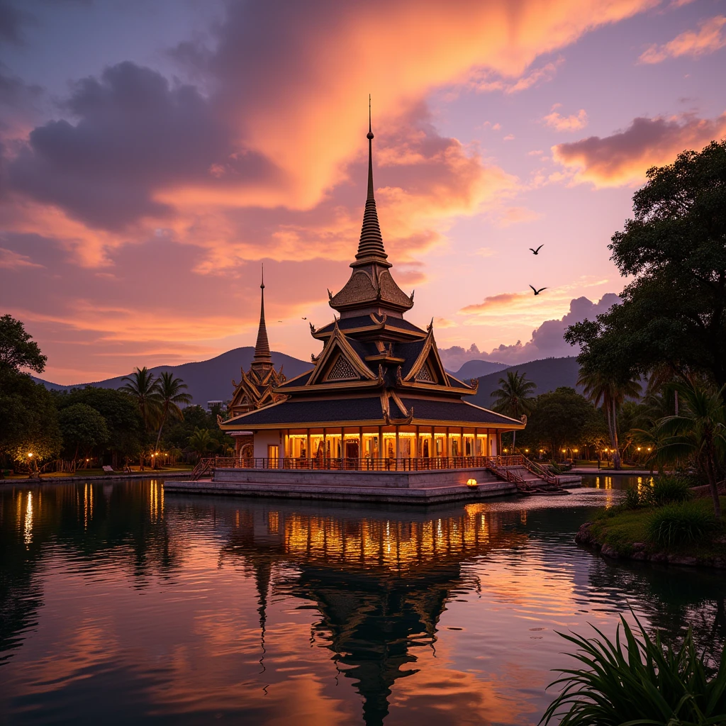 A beautifully designed traditional pagoda surrounded by lush greenery ...