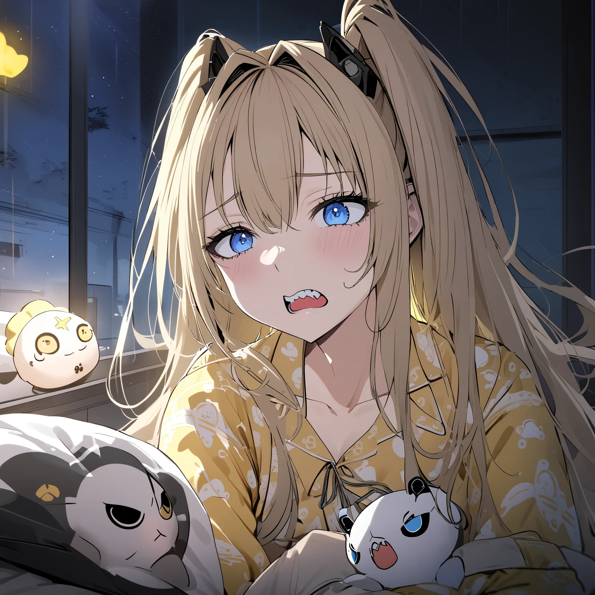 Anime girl with long blonde hair and blue eyes laying in bed - SeaArt AI