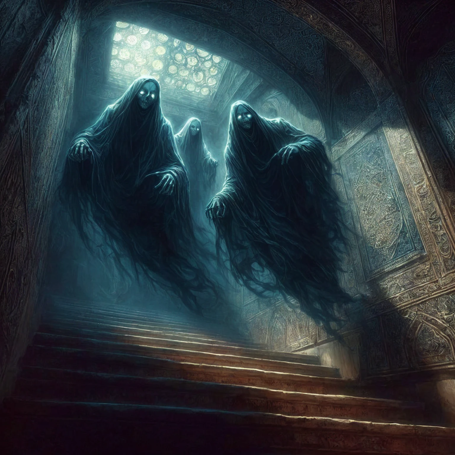 Three ghostly looking figures are hovering in a dark stairwell - SeaArt AI