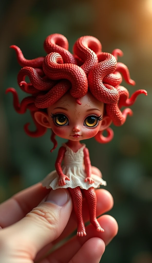 A realistic photograph of an incredibly tiny Medusa with crimson skin ...