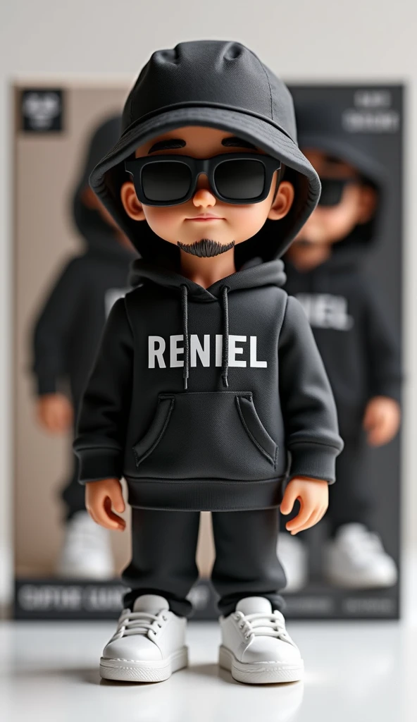 Create 3D image features a collection figure of a man wearing black ...