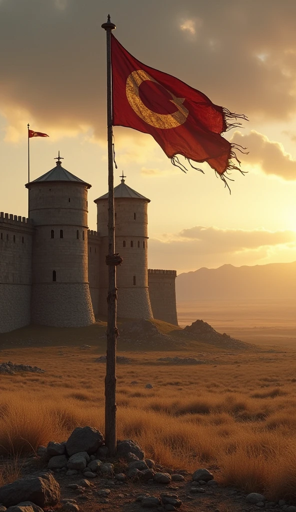 "A majestic mid-closeup shot of a Mongol fortress or military ...