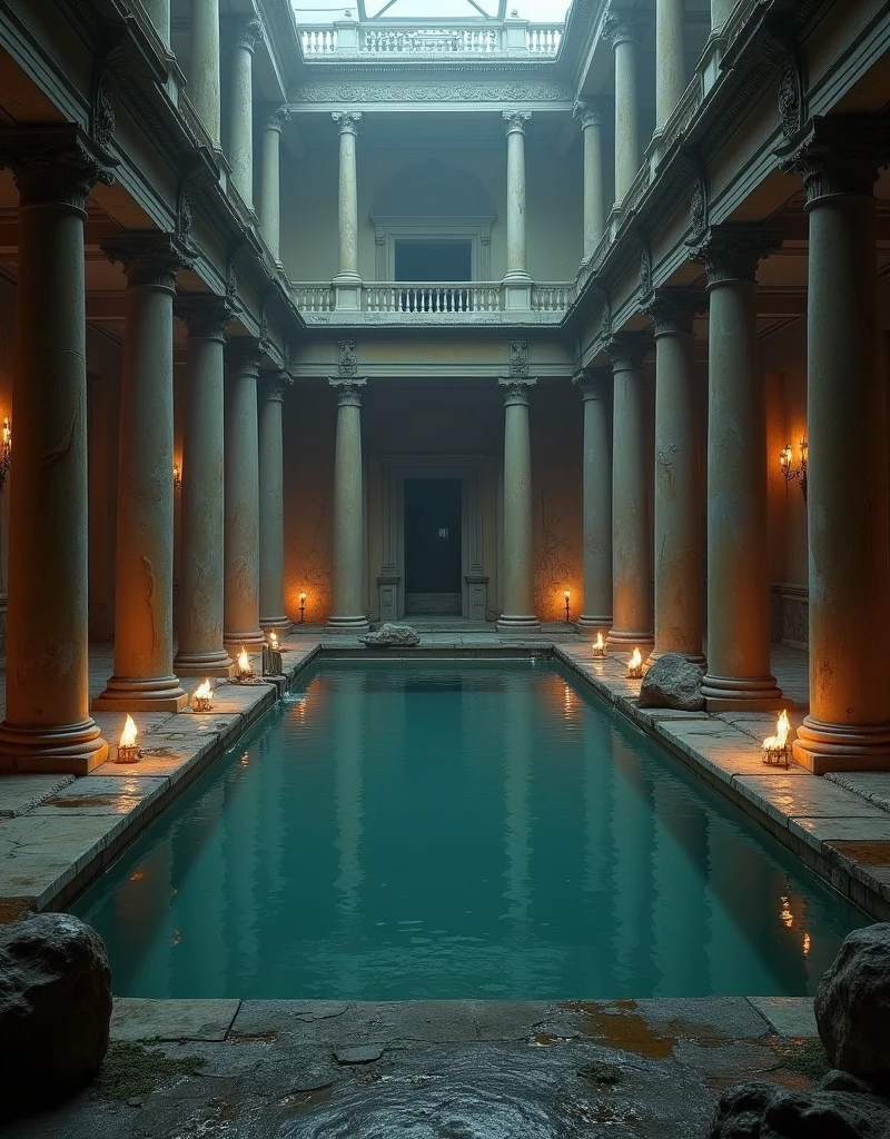 Roman style swimming pool, roman bath, dark, torch on the wall - SeaArt AI