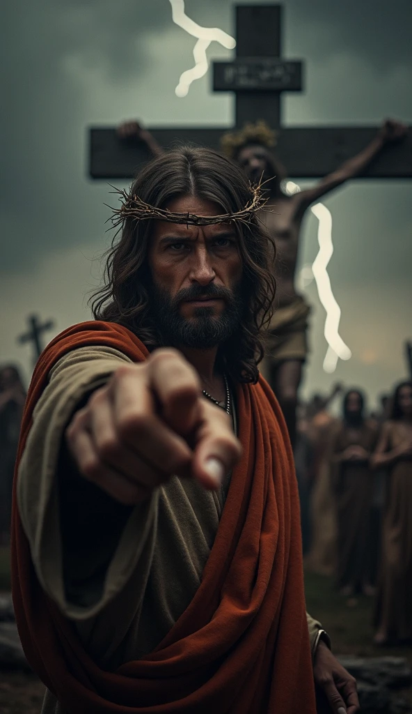 A dramatic and realistic portrait of Jesus Christ from the front in the ...