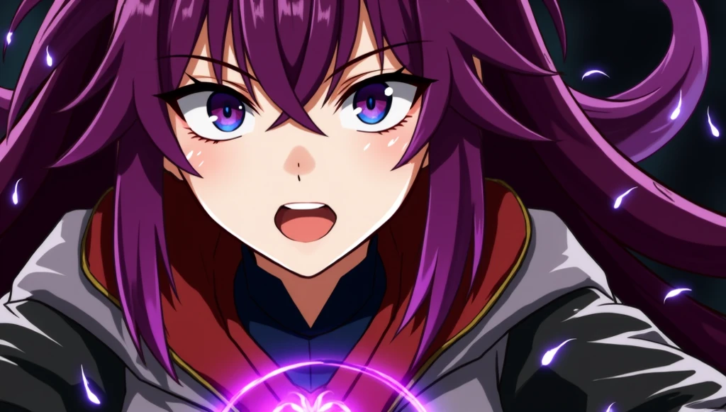Young female warrior , fighting, purple hair , blue eyes, green monkey ...