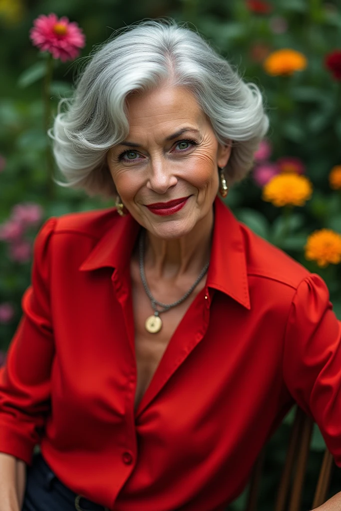 Generate a image of a sexy old lady in red blouse sitting in a garden ...