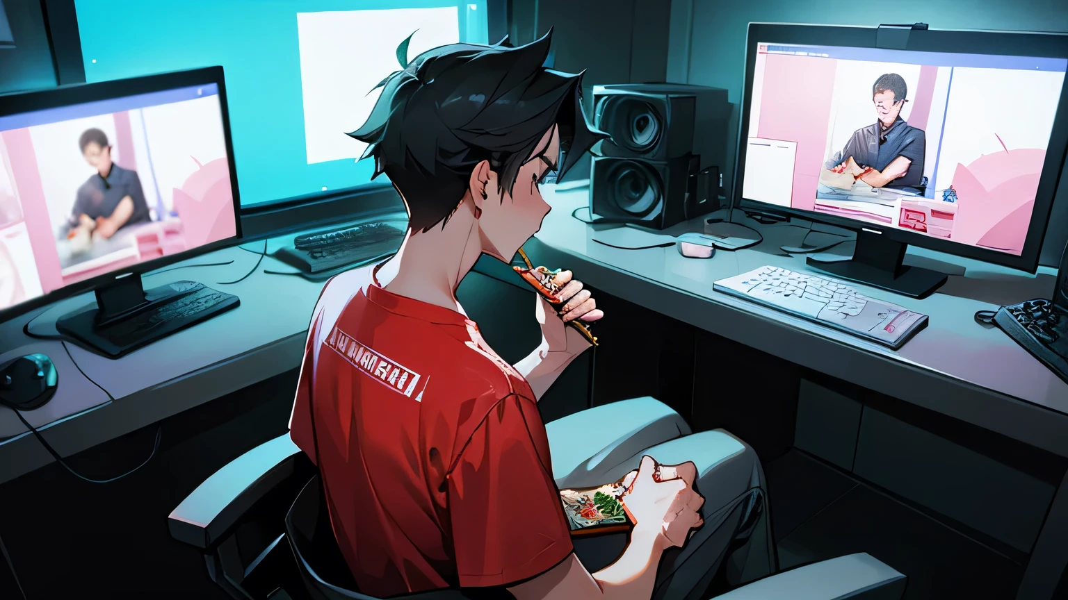 Anime boy eating a sandwich in front of two computer monitors - SeaArt AI