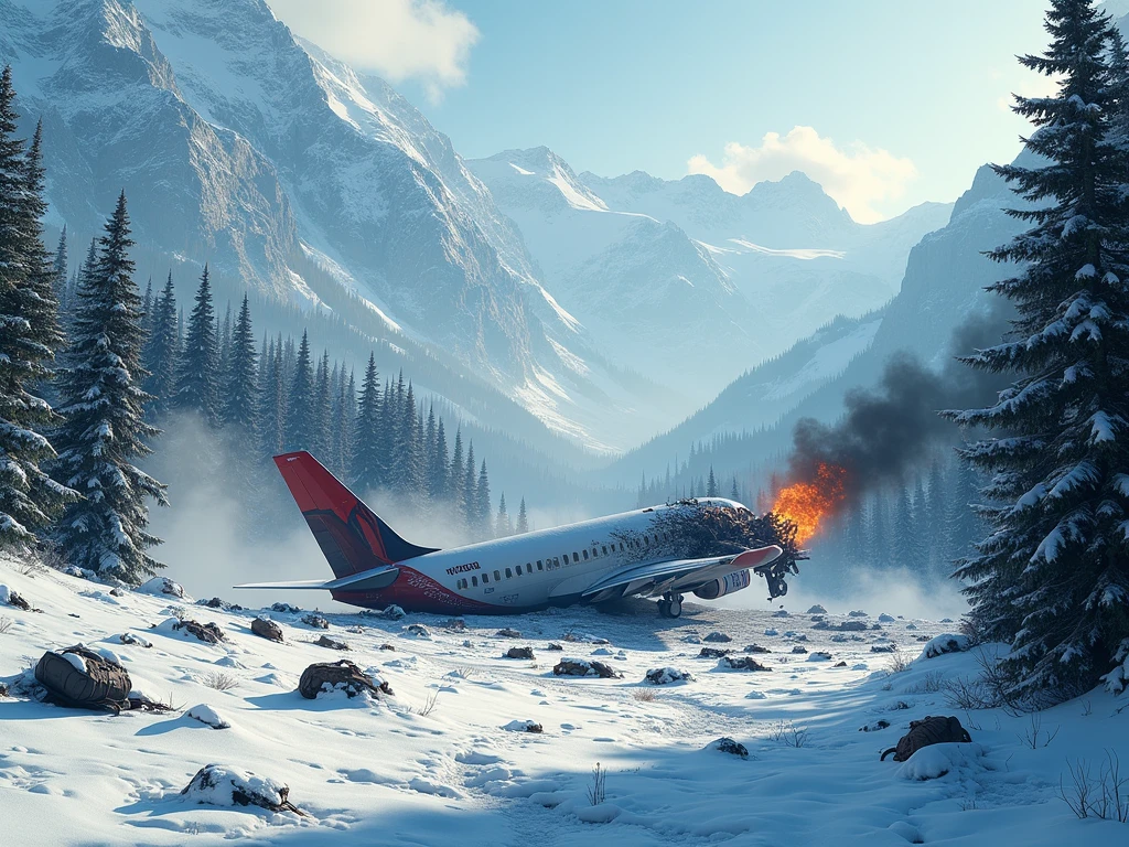 Frosty winter landscape. Crashed passenger plane in mountain forest ...