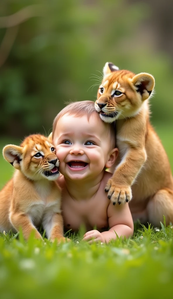 “Create a serene and pleasant outdoor setting with a smiling baby lying ...