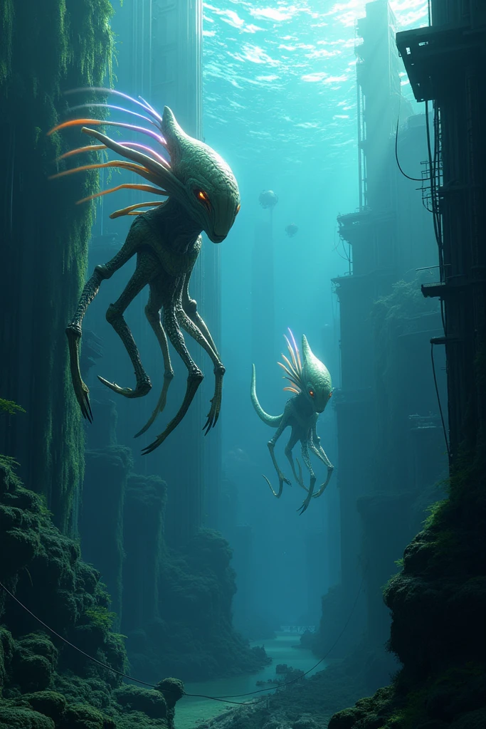 Aliens in the ocean in a modern city at the bottom of the sea - SeaArt AI