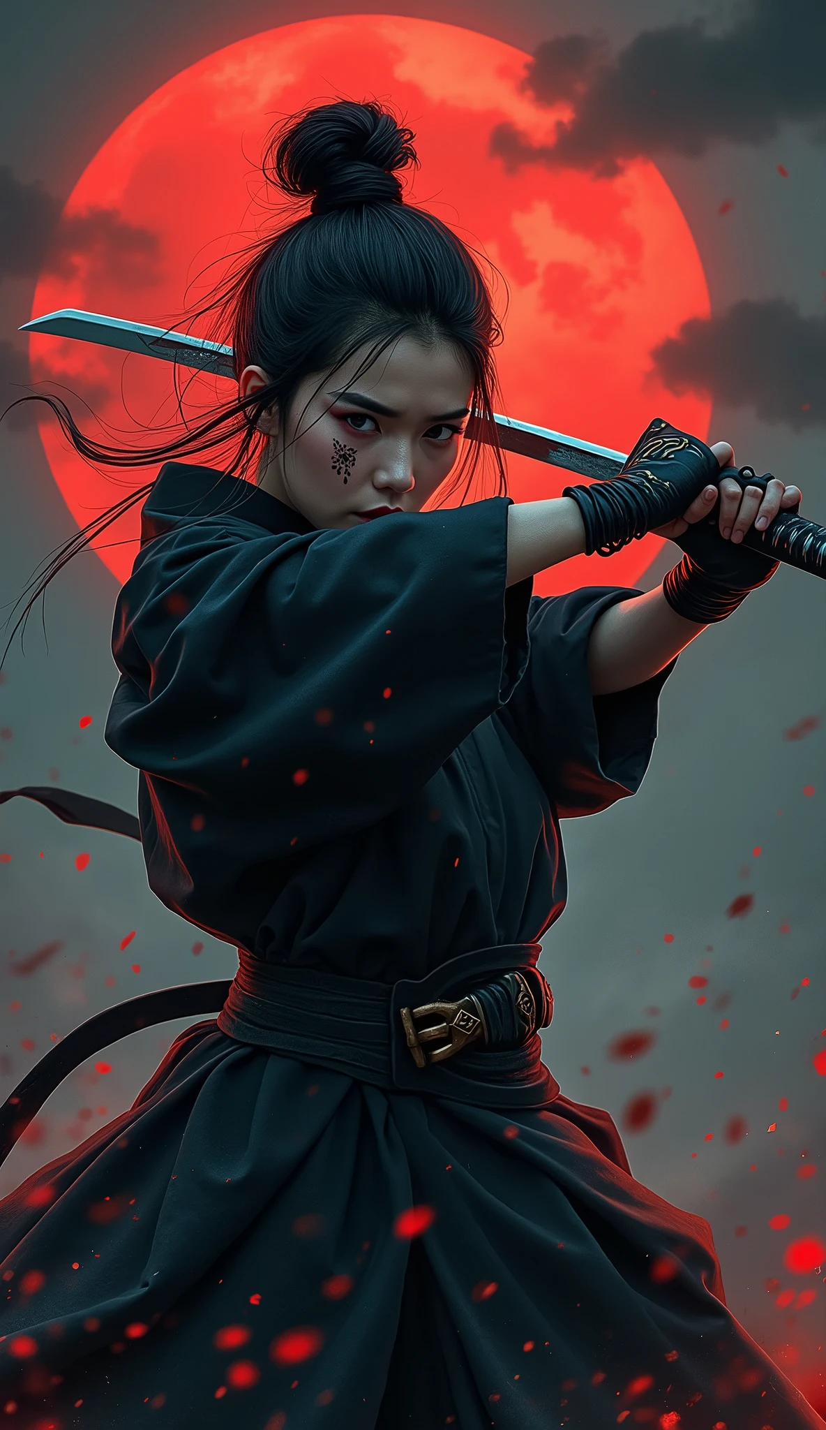 Anime girl with sword in front of full moon with red light - SeaArt AI