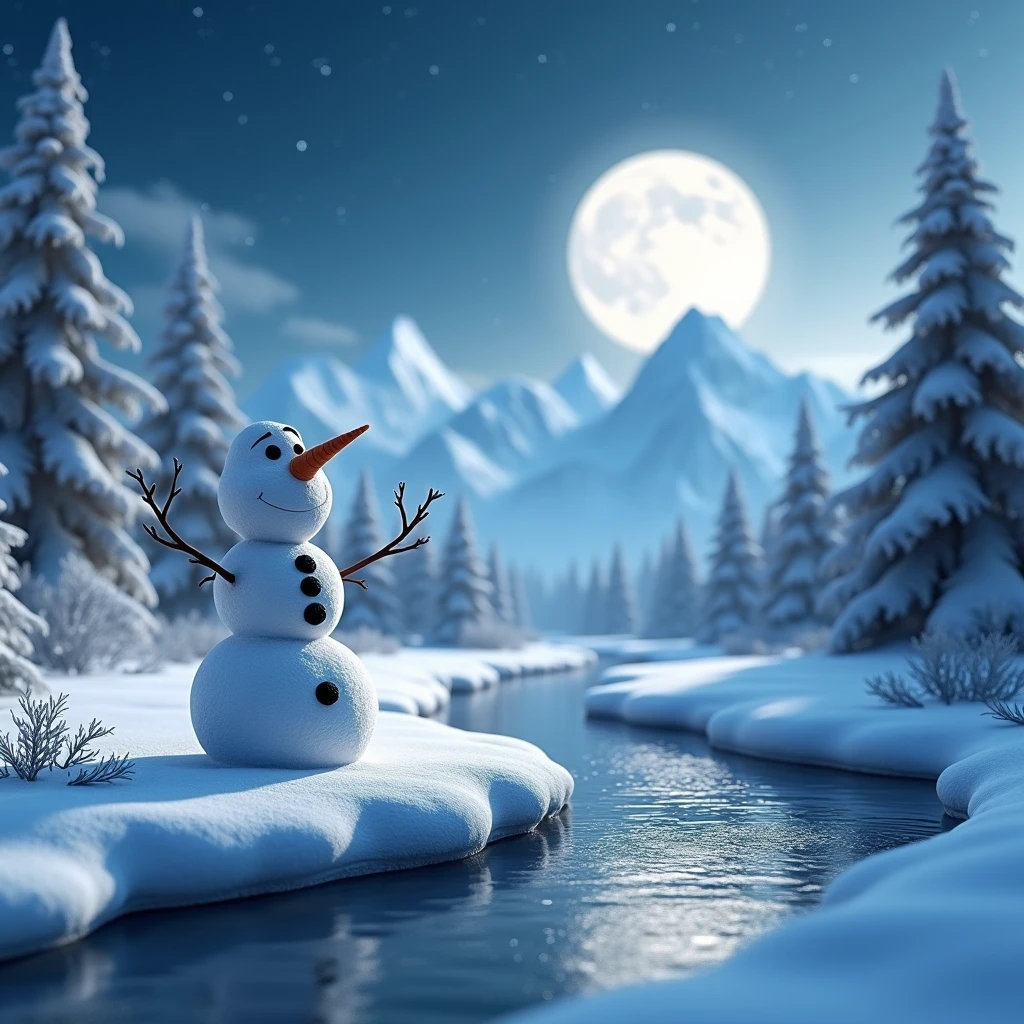 Créer une image 3D hyper-réaliste paysage hivernal au clair de lune ...