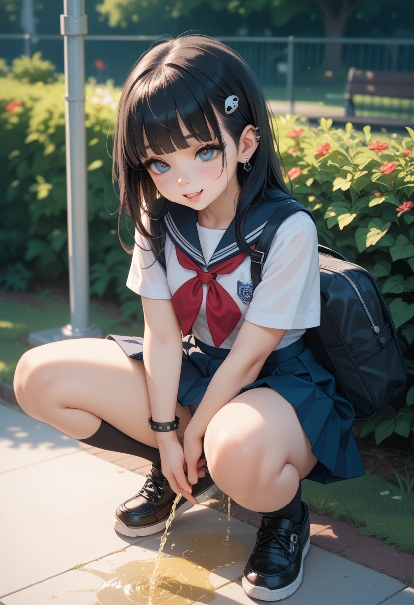 Cute teen goth girl peeing in the park as she squats down wearing a cute school - SeaArt AI