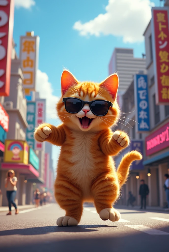 Create an image of an orange cat dancing on the street to song Gangnam ...