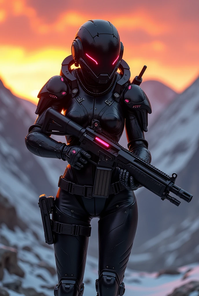 Female in Black X-01 power armor (Fallout). Glowing red lights - SeaArt AI