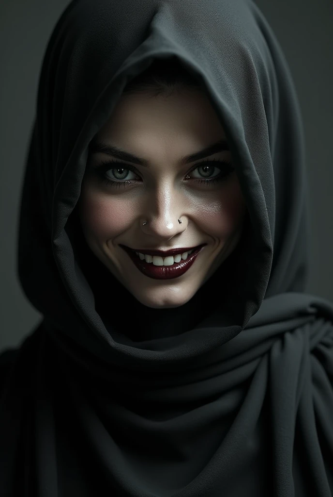 Devilish woman in hijab with a grin hiding her long nails behind her ...