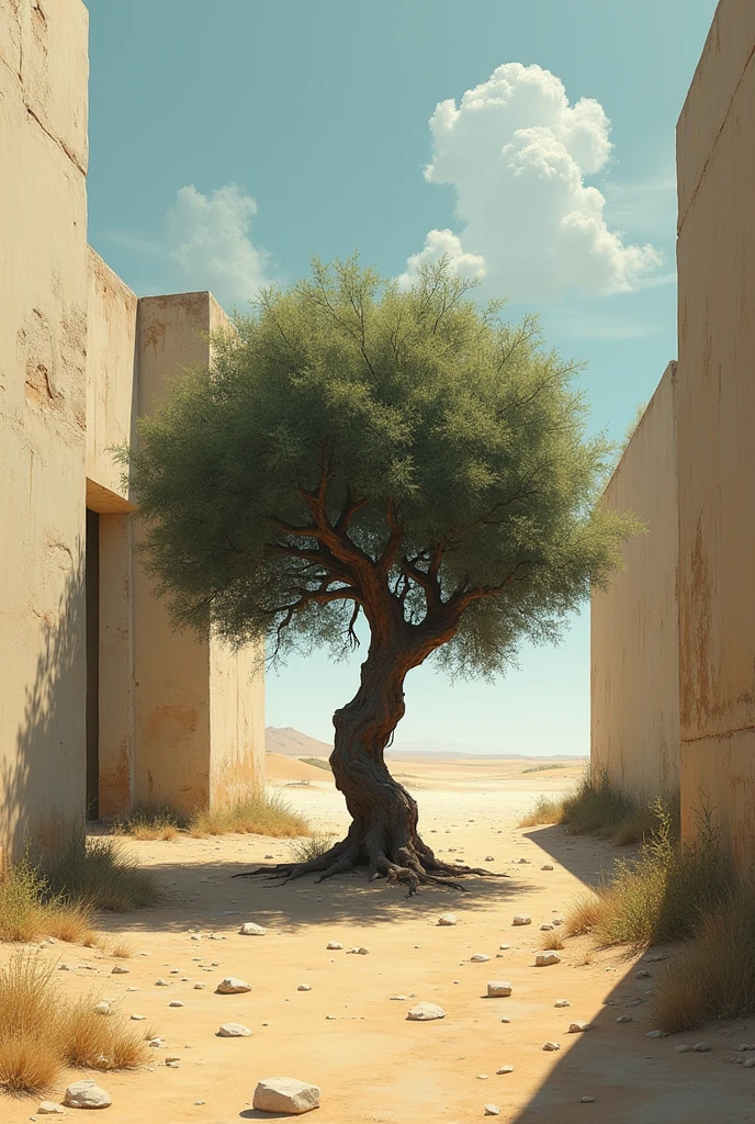 A tree a sad olive tree in a desert olive grove surrounded by concrete ...