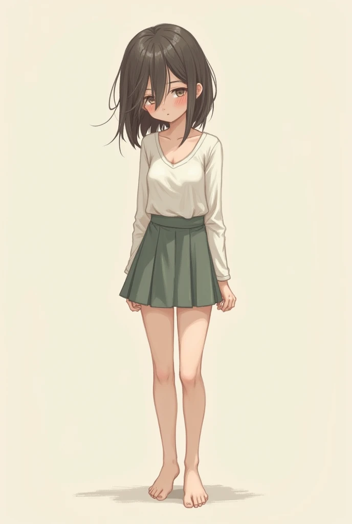 A girl with a shy posture wearing a short skirt next to a white top ...