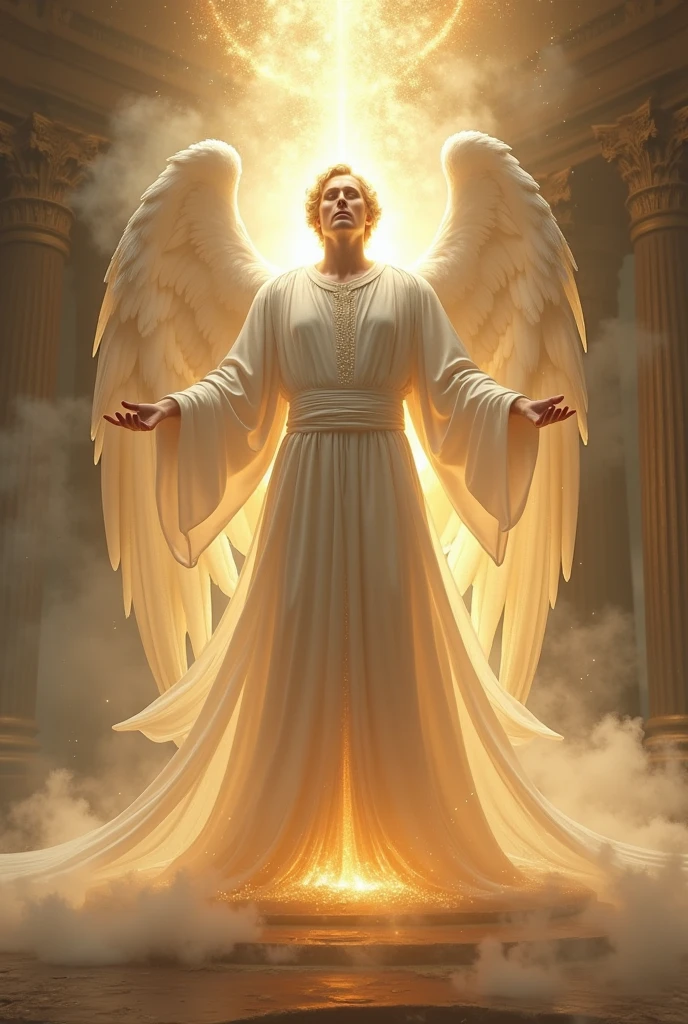 Generate a shining angel with light on your face opening the seal of ...