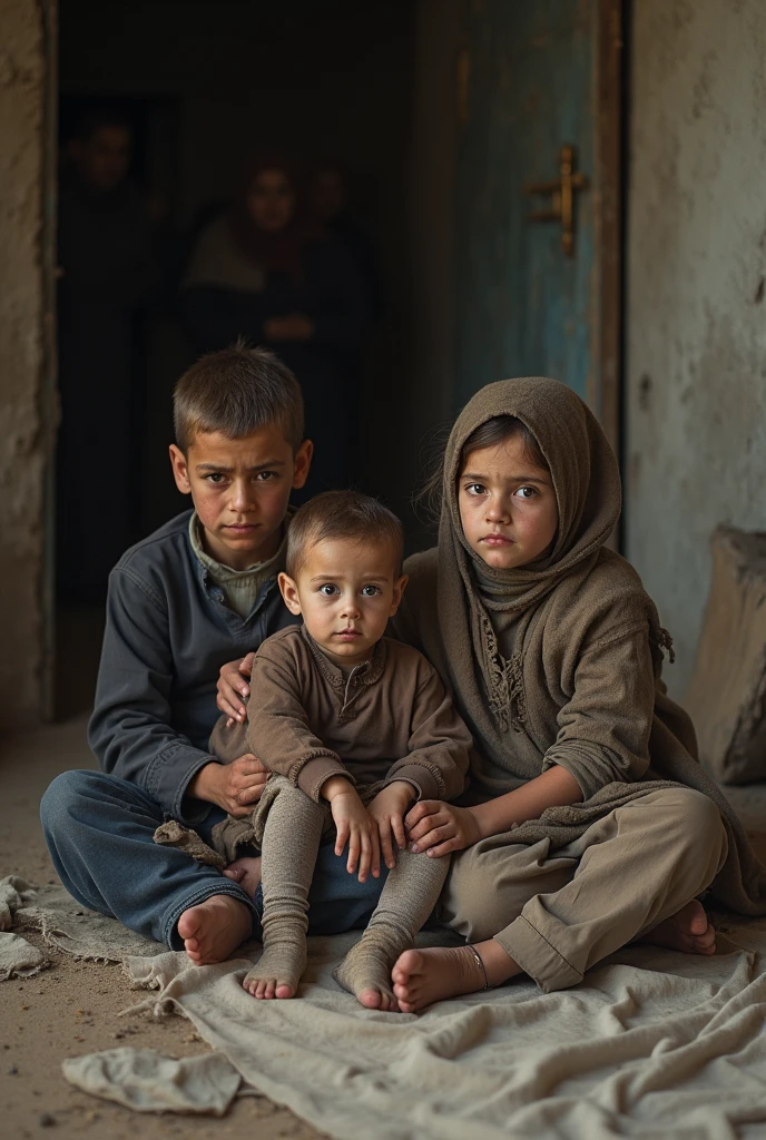 A poor mother and her small sitting inside a broken, old house - SeaArt AI