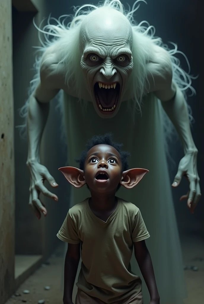 An ugly ghost scaring an African boy with big ears - SeaArt AI