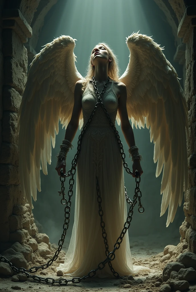 An angel chained in a dark crypt, surrounded by old shiny chains ...