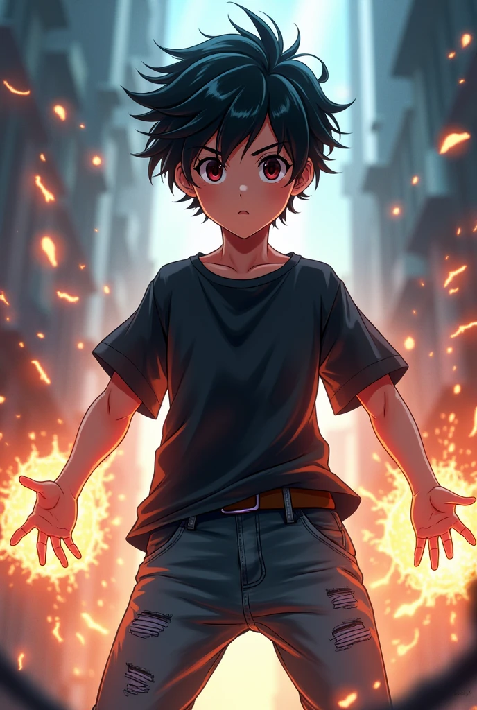 Boy, black hair, brown eyes , black shirt, jeans, with firepower ...