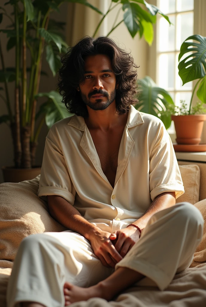 (photorealism:1.2), Joseph vijay, sitting on bed, wearing loose off ...